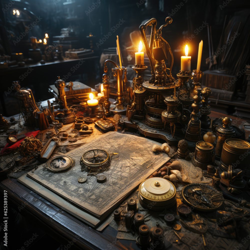 pirate captains desk with map and different tools, lit by oil lamps ...