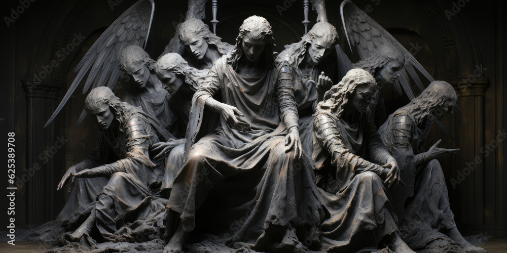 fallen angels melted to each other in statue, belphegor, satan, leviathan, asmodeus, mammon ...