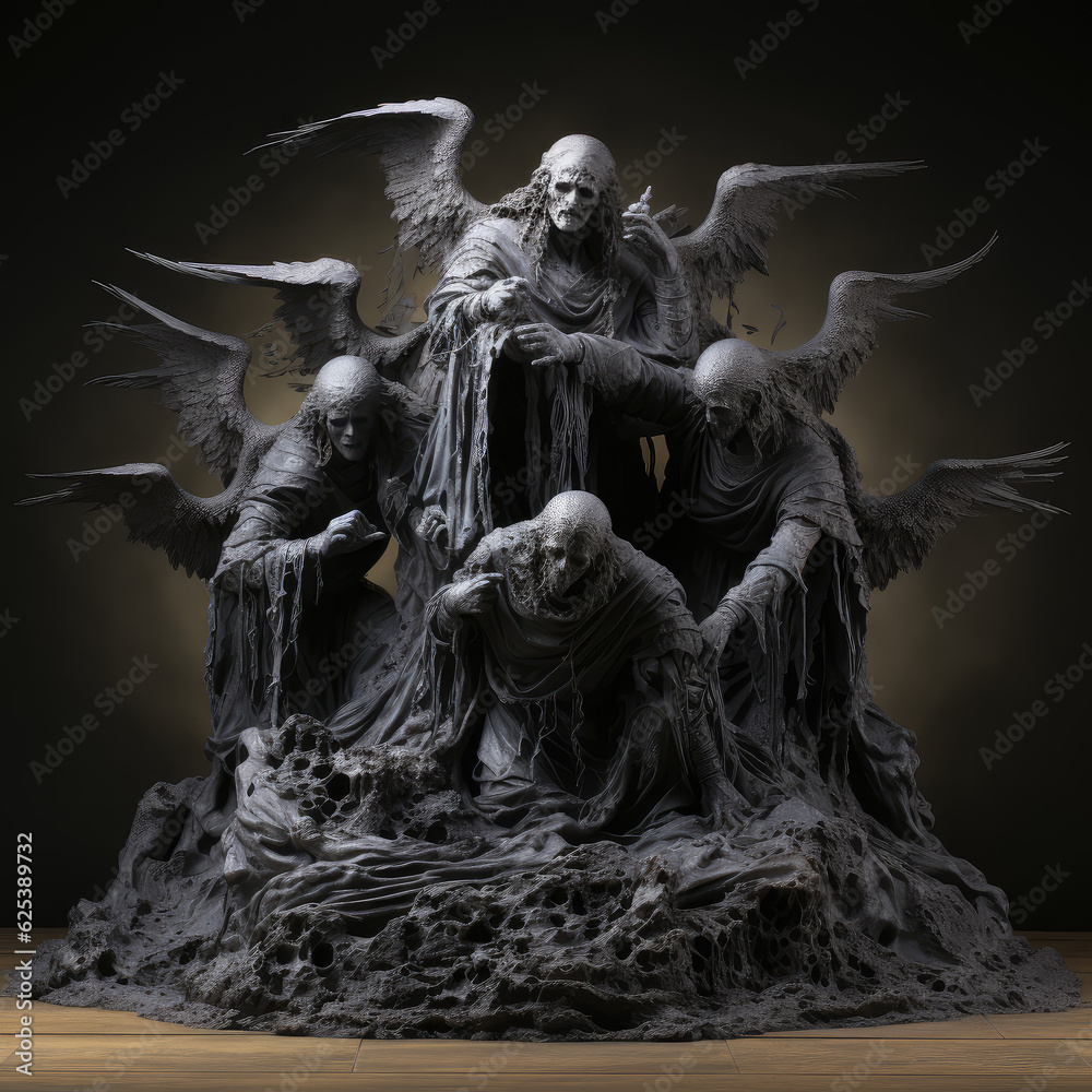 fallen angels melted to each other in statue, belphegor, satan, leviathan, asmodeus, mammon ...