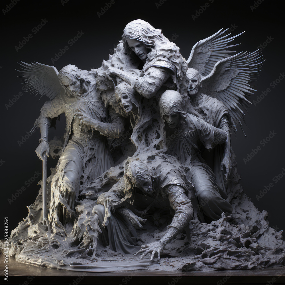 fallen angels melted to each other in statue, belphegor, satan, leviathan, asmodeus, mammon ...