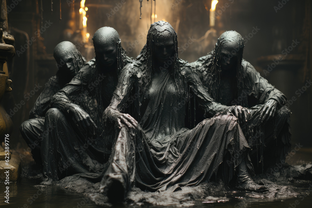 fallen angels melted to each other in statue, belphegor, satan, leviathan, asmodeus, mammon ...