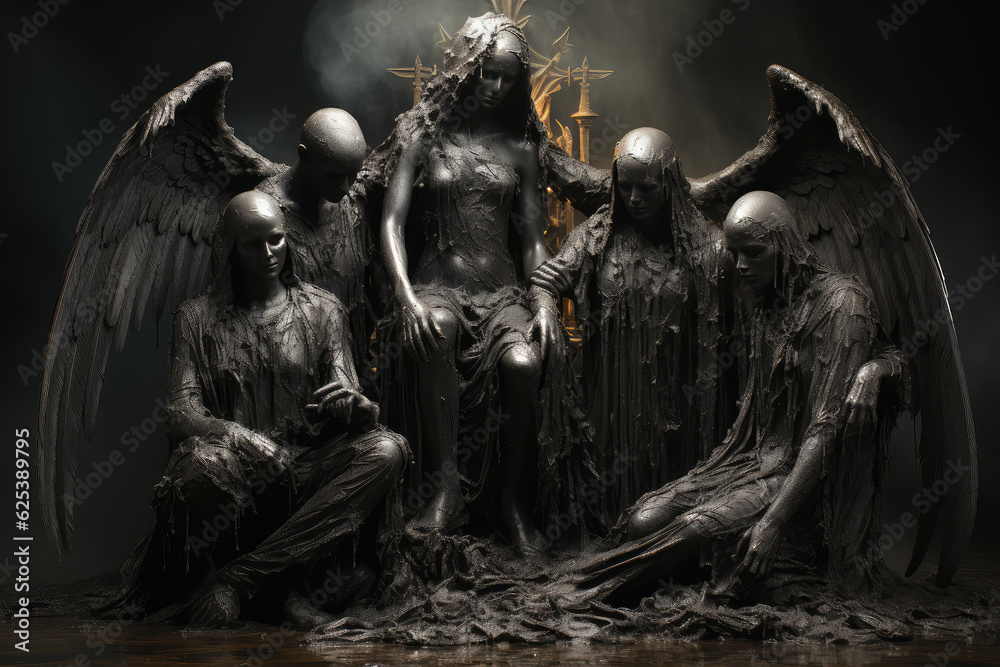 fallen angels melted to each other in statue, belphegor, satan, leviathan, asmodeus, mammon ...