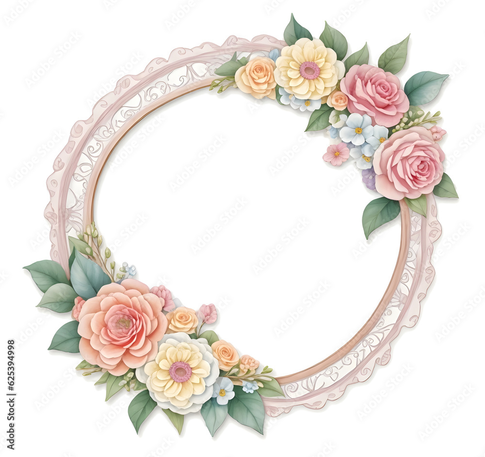 Watercolor Flower and bloom circle frame border on transparent ...