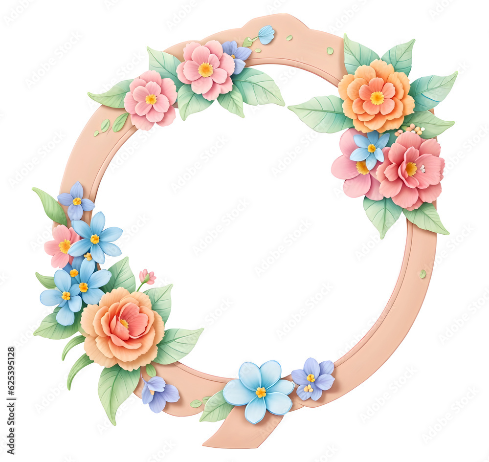 Watercolor Flower and bloom circle frame border on transparent ...