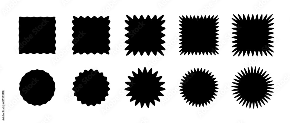 Zig zag edge square and circle shapes collection. Jagged patches set ...