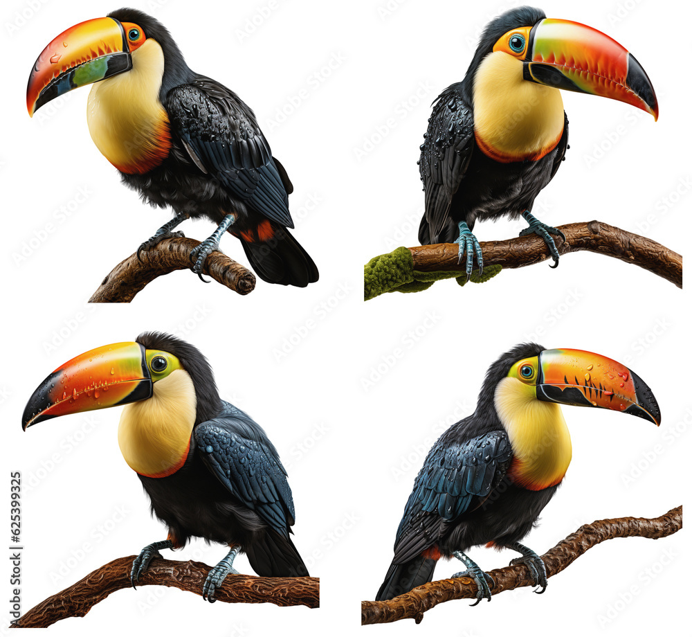 Collection of four toucans, Neotropical members of the near passerine ...