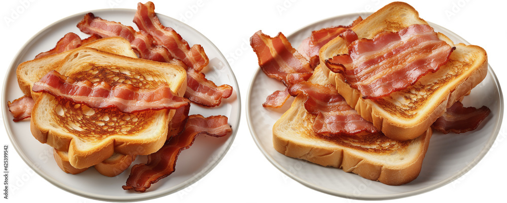 toasted bread with fried bacon on a plate, on a transparent background ...