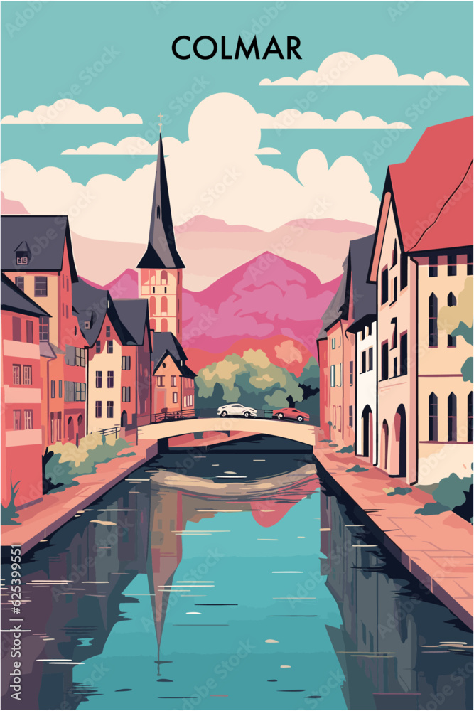 France Colmar village canal view landscape brochure. Abstract buildings ...