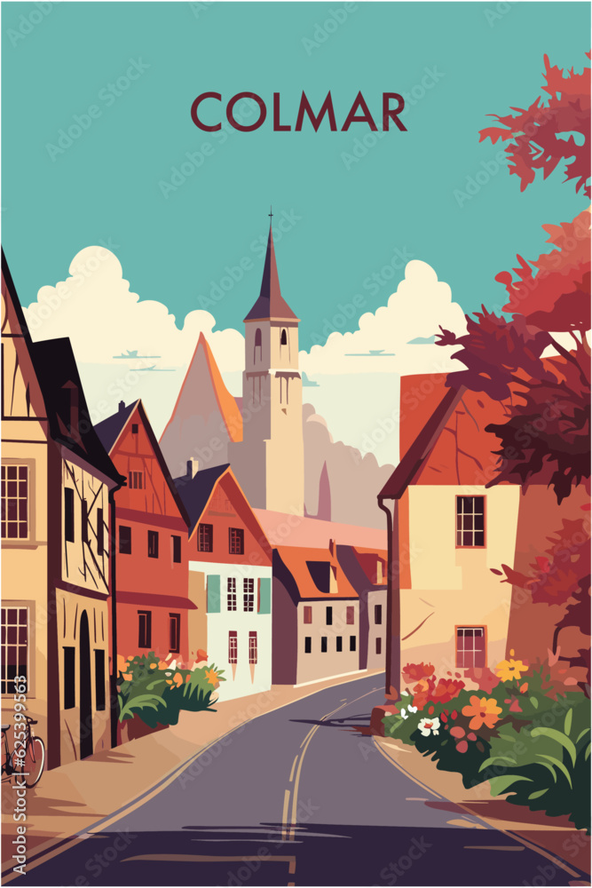 France Colmar village street view landscape brochure. Abstract ...