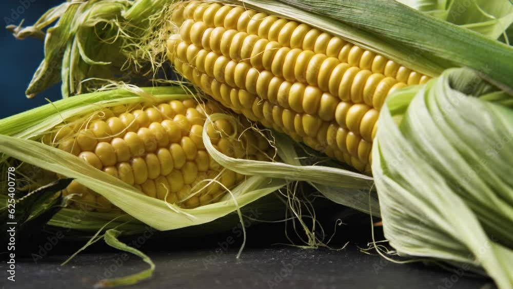 Two half-peeled young maize cobs with the leaves half peeled off in ...
