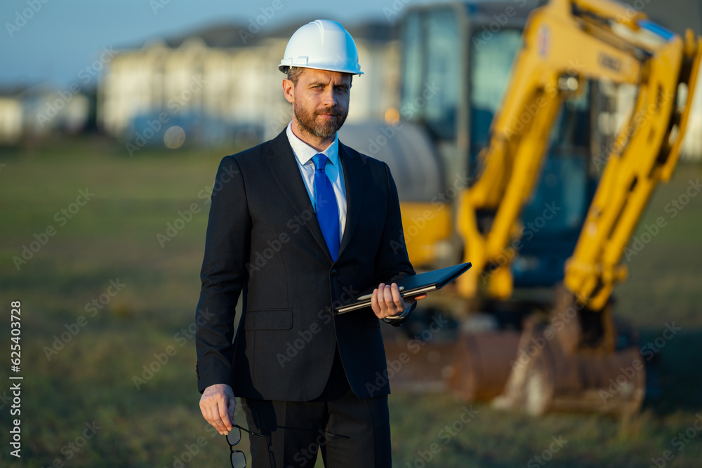 Construction builder investor. Man investor in front of construction ...
