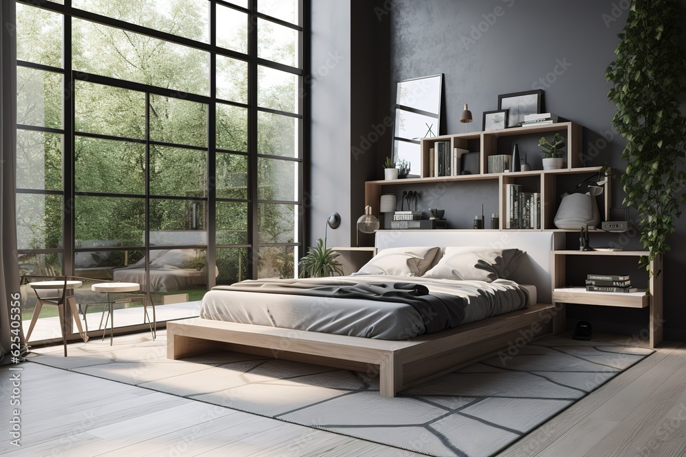 Modern apartment interior of family hotel room with grey oak wood ...