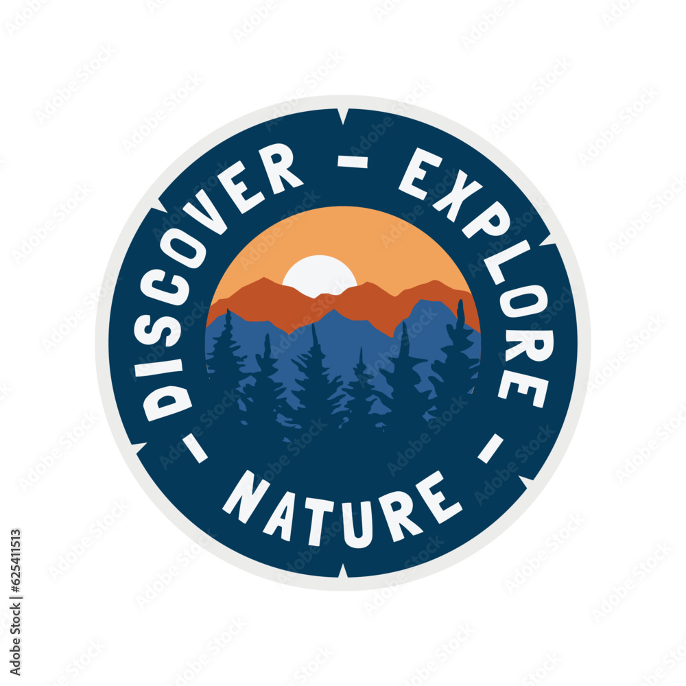 vector illustration badge patch, outdoor explore nature pine forest ...