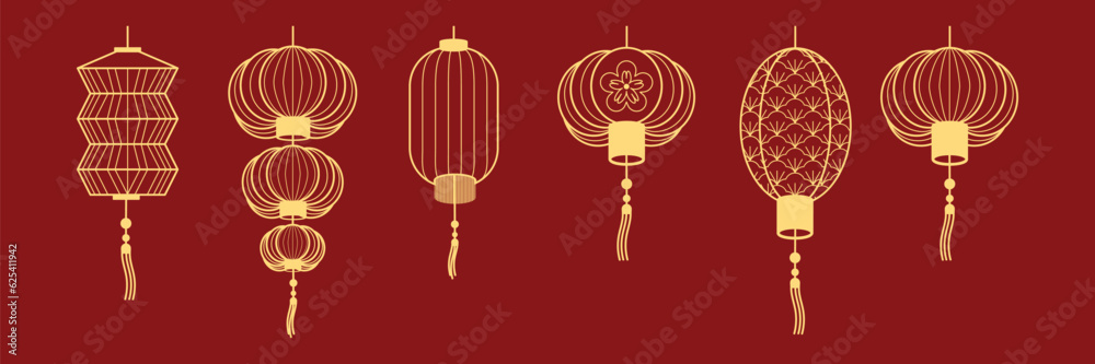Set of Chinese traditional lanterns line art design. Vector decorative ...