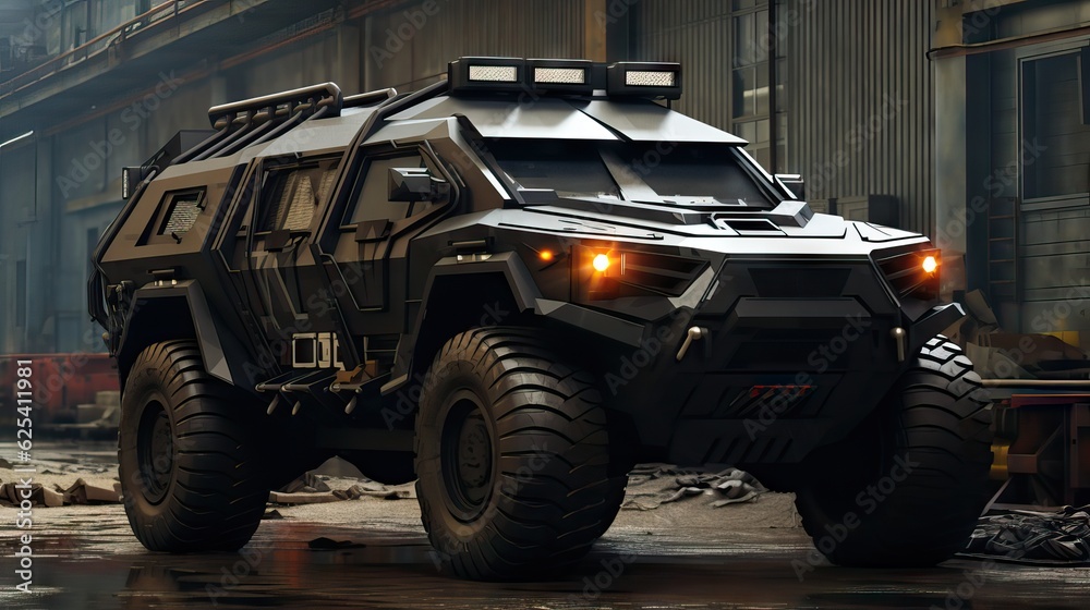 An armored SUV for military use, fortified for maximum protection and ...