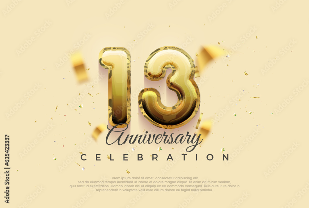 13th anniversary celebration, vector design with shiny gold balloons ...