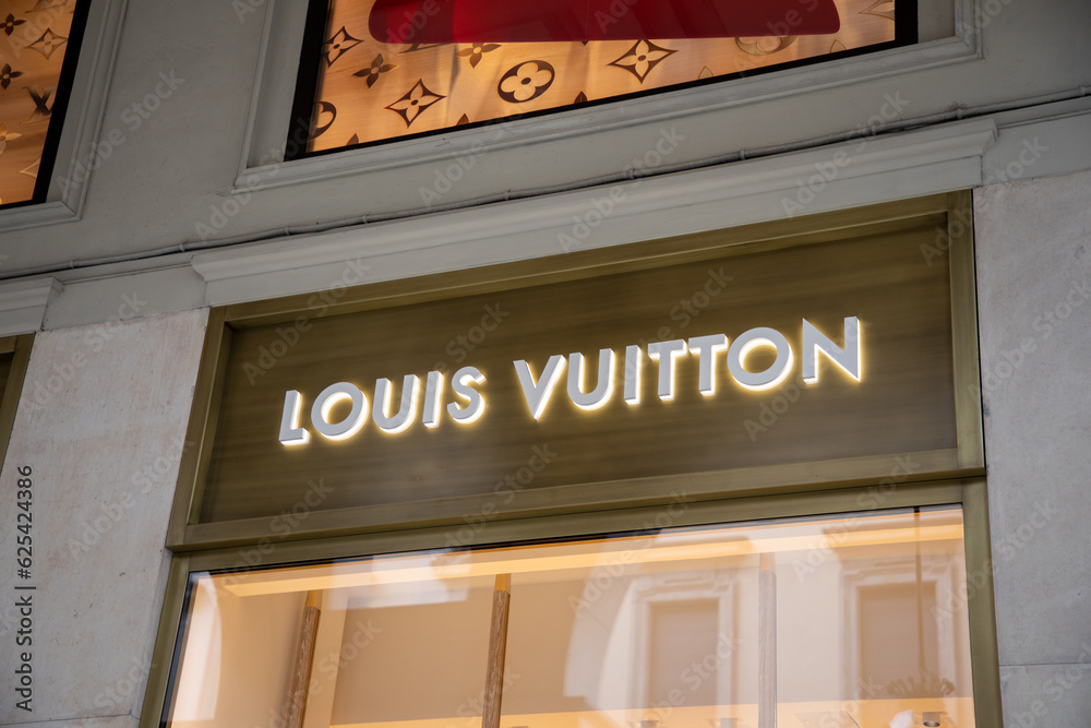 Louis Vuitton facade logo store sign chain text shop Luxury brand wall ...