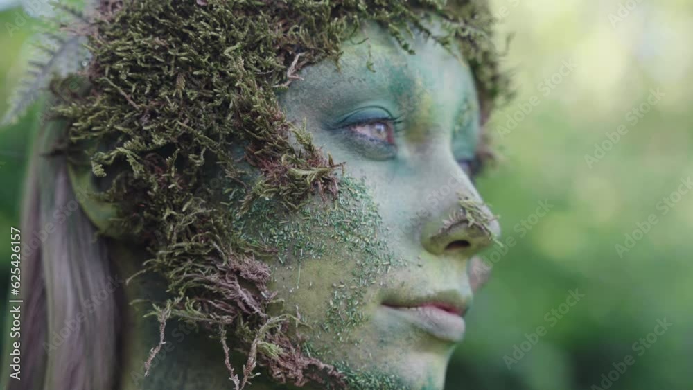 Close up of a female avatar wearing green bodypaint watching forwards ...