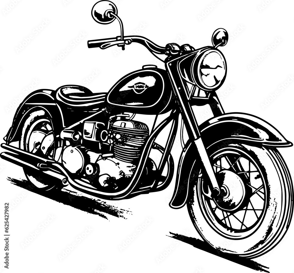 Retro motorcycle, black and white detailed vector illustration isolated ...