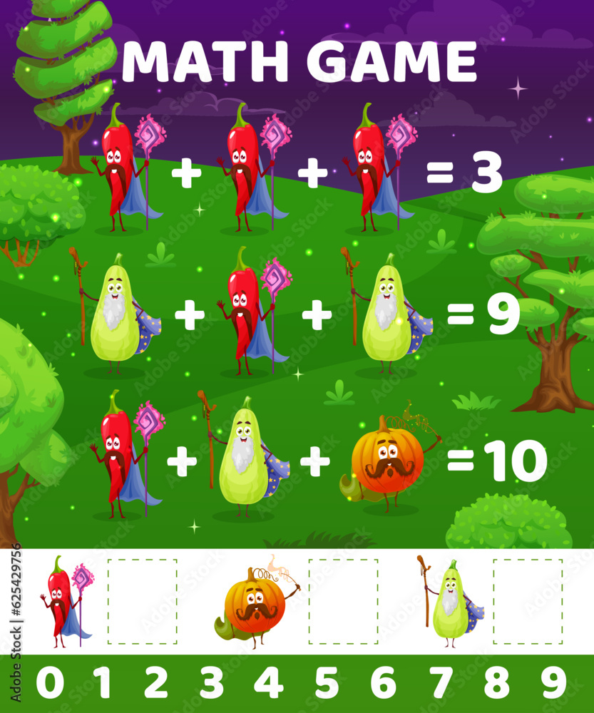 Chili, pumpkin, zucchini wizard characters math game worksheet. Vector ...