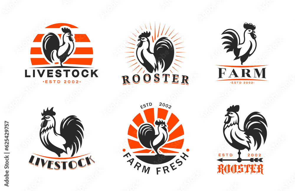 Agriculture and farm rooster icons. Vector cock or cockerel animal with ...