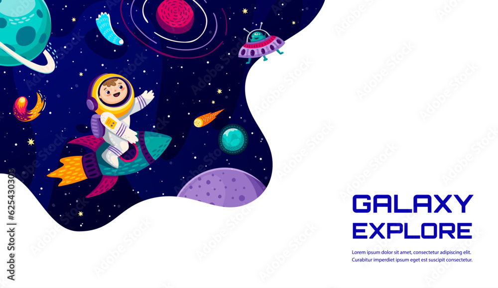 Vetor de Space galaxy landing page. Cartoon astronaut on rocket, alien ...