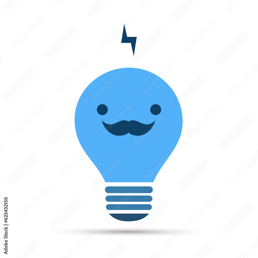 Smiling Male Face with Mustache on a Blue Light Bulb, Isolated on White ...