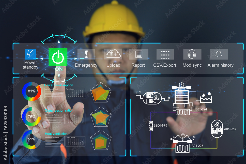 Engineer turning on cooling system operation on virtual screen head up ... Engineer turning on cooling system operation on virtual screen head up ...