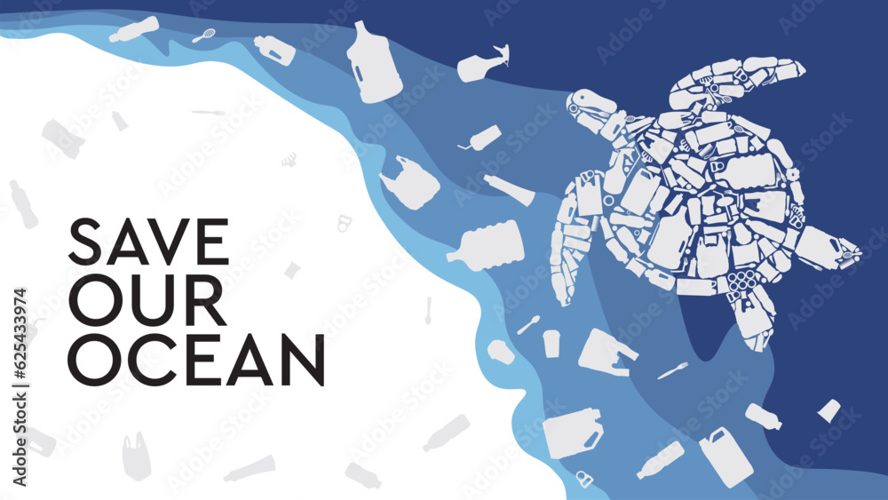 Ocean plastic pollution and world ocean day with sea animal page ...