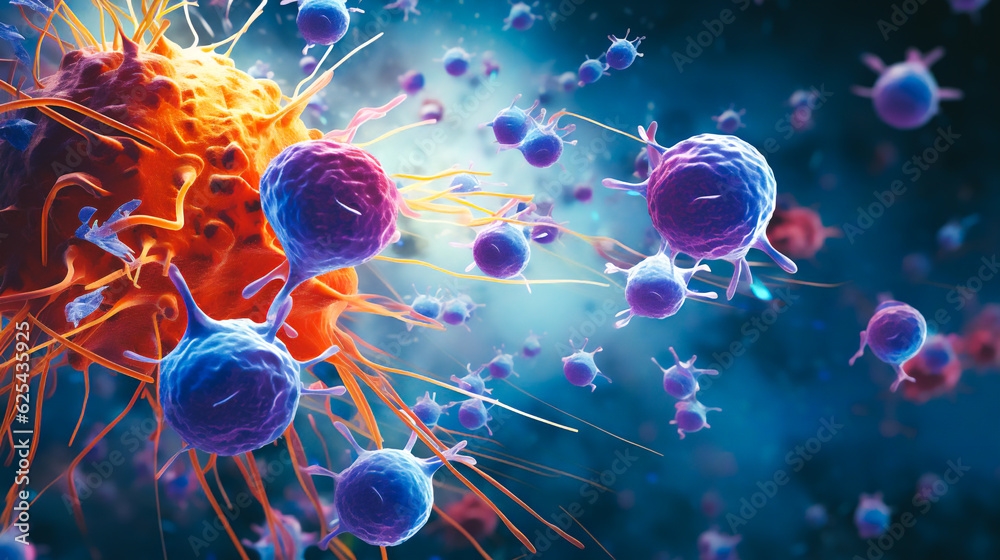a magnified view of T cells with vibrant colors representing their ...