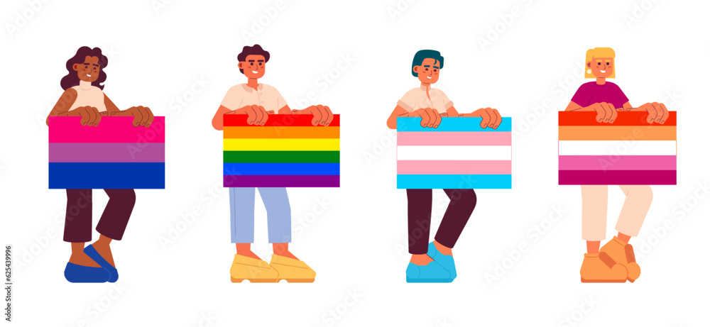 Happy people holds lgbt pride flags flat concept vector spot ...
