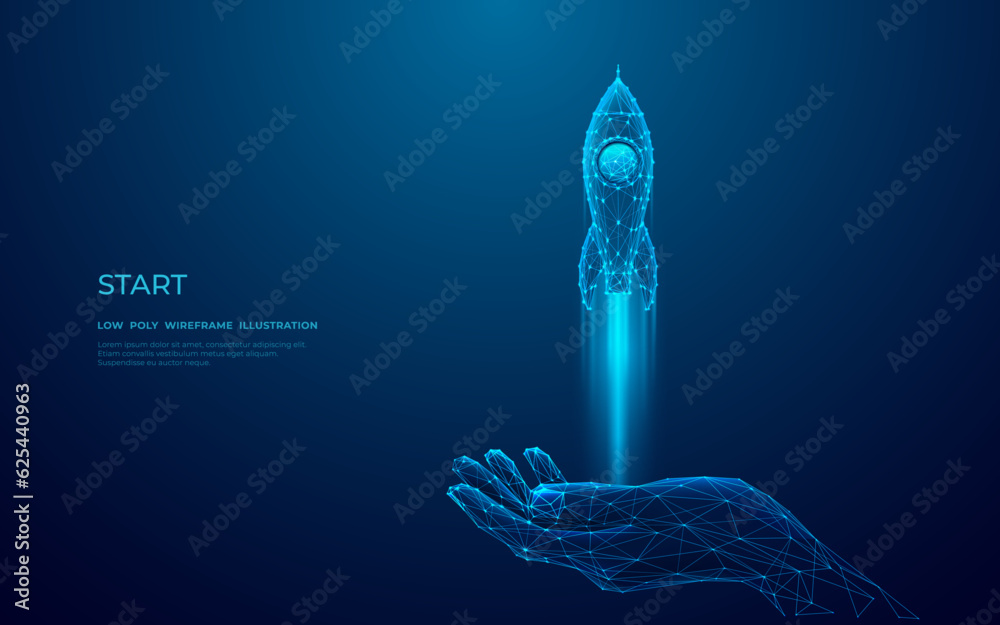 Digital rocket launch from the human abstract palm in outer space ...
