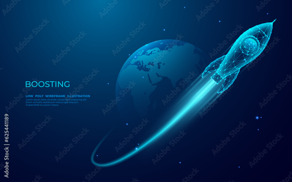 Digital rocket flies in orbit of planet Earth. Abstract light blue ...