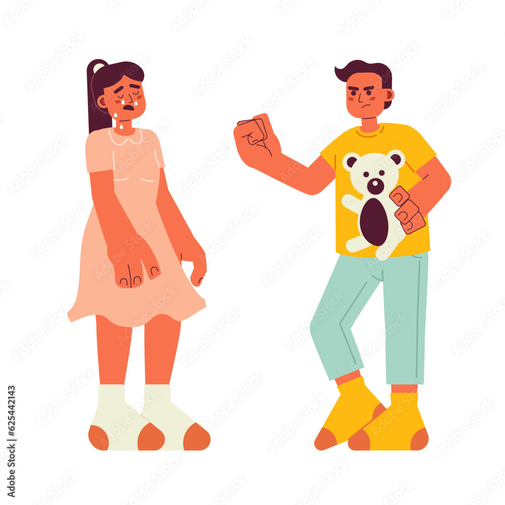 Young boy bullying little girl in tears semi flat color vector ...