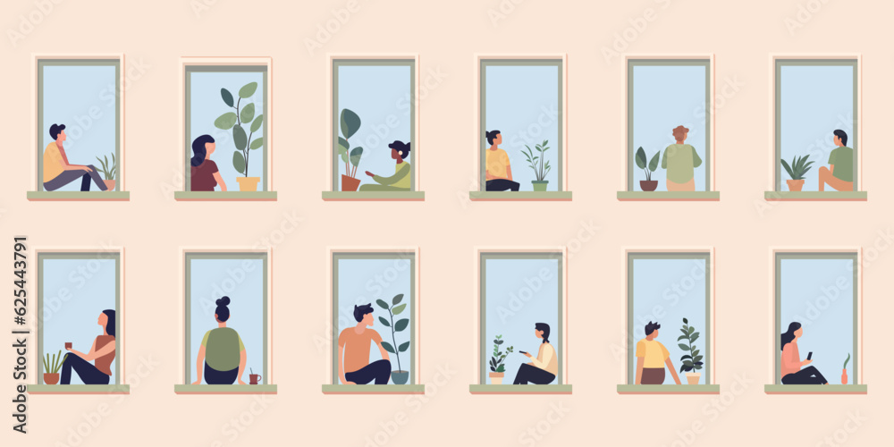 Windows with people. Neighbors in apartment. People in windows drinking ...