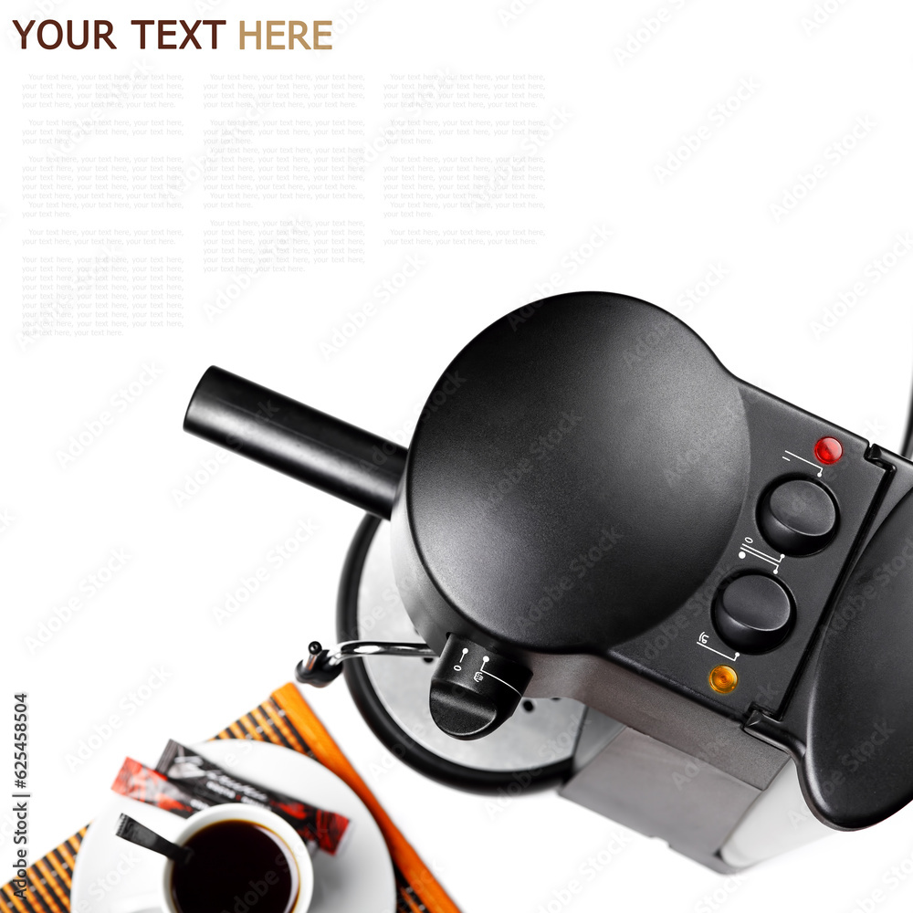 coffee maker and coffee ready on a white background (with sample text ...