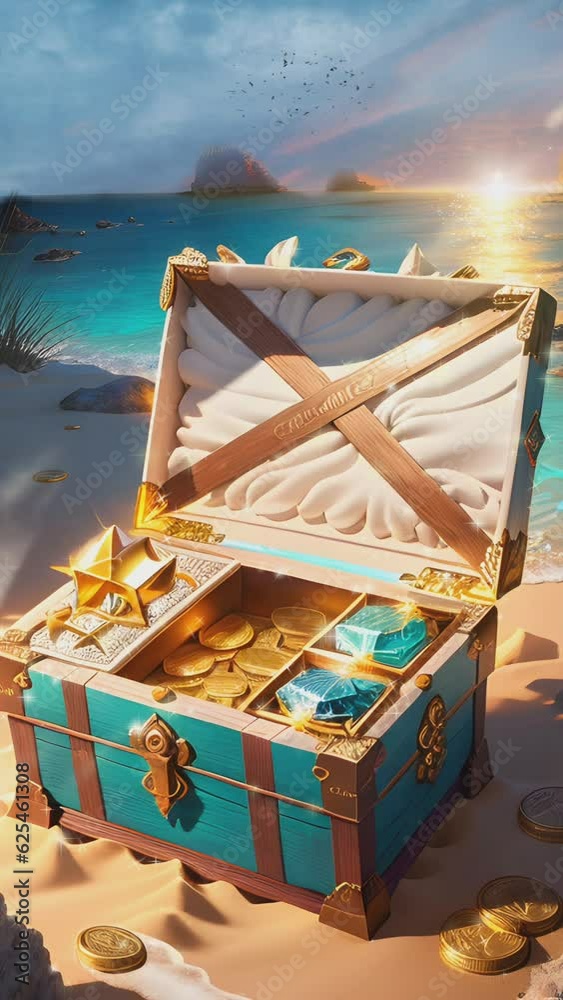 Treasure chest opens on the beach which contains lots of gold and gems ...
