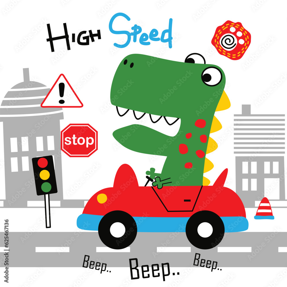 dinosaur driving a car funny animal cartoon,vector illustration Stock ...