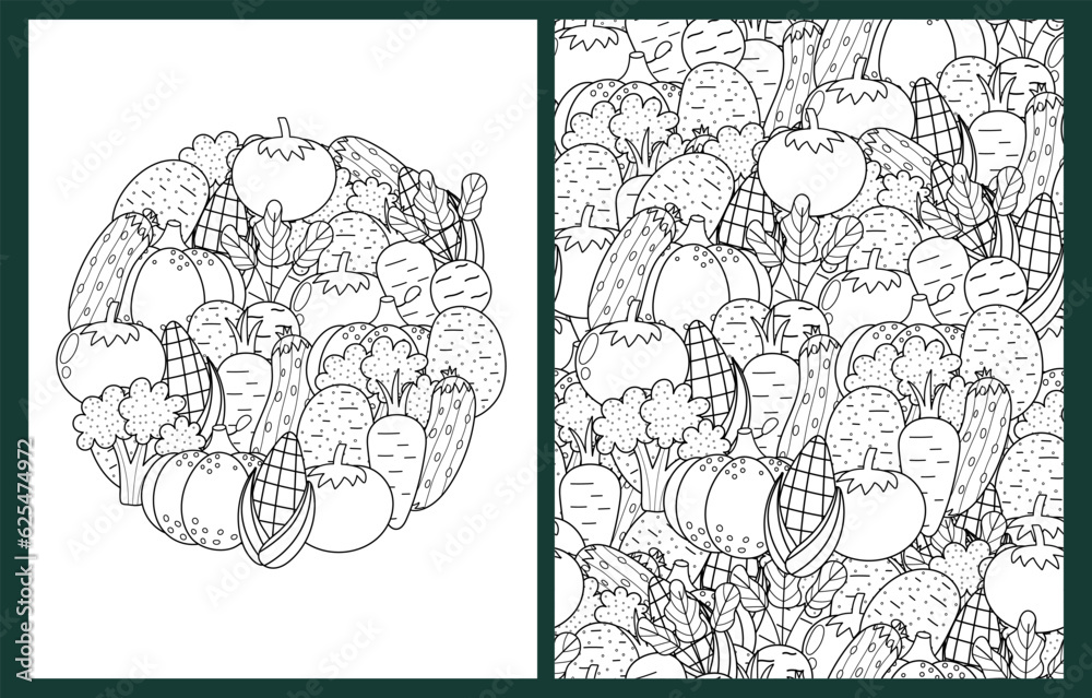 Fresh vegetables coloring pages set in US Letter format. Black and ...