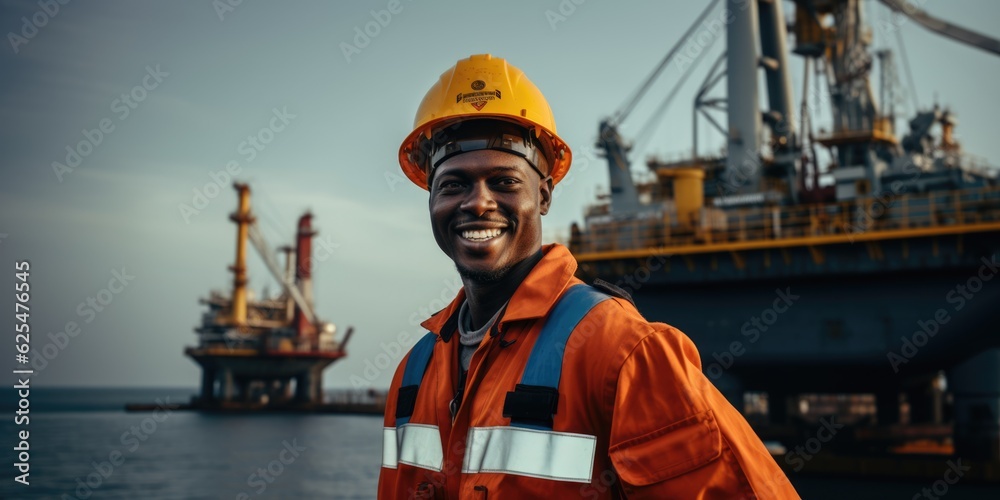 Portrait of a man oil rig worker with a helmet in front of the offshore ...