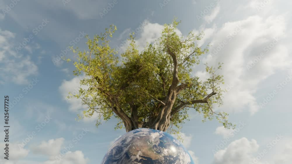 Planet earth with a growing tree and blue sky background with white ...