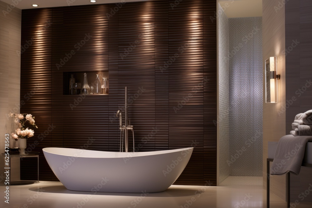 A contemporary and well lit bathroom featuring a wall made of lamella ...