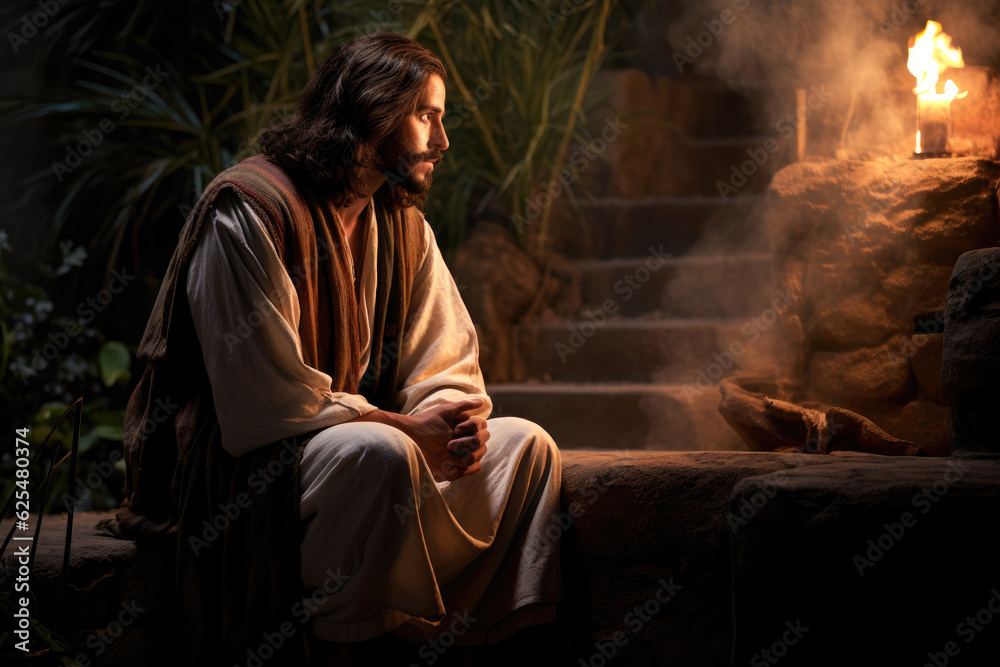 Jesus Christ sitting in the street at night in a moment of peace and ...
