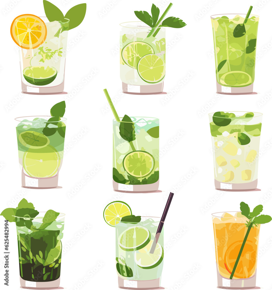 Set of summer cocktails cartoon vector illustration isolated on white ...