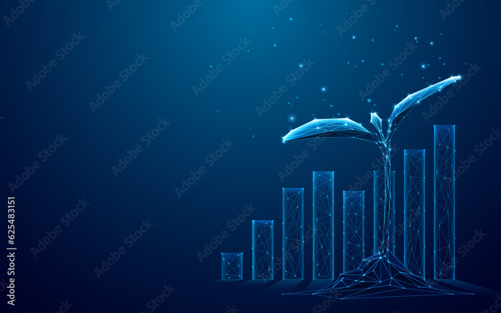 Digital graph chart and growing plant on technology blue background ...
