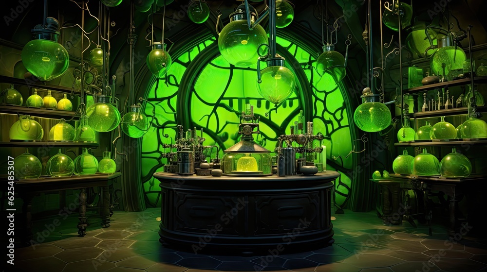 Witch or wizard alchemical laboratory with magic books and potions with ...