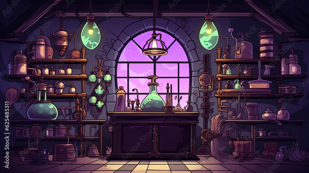 Witch or wizard alchemical laboratory with magic books and potions with ...