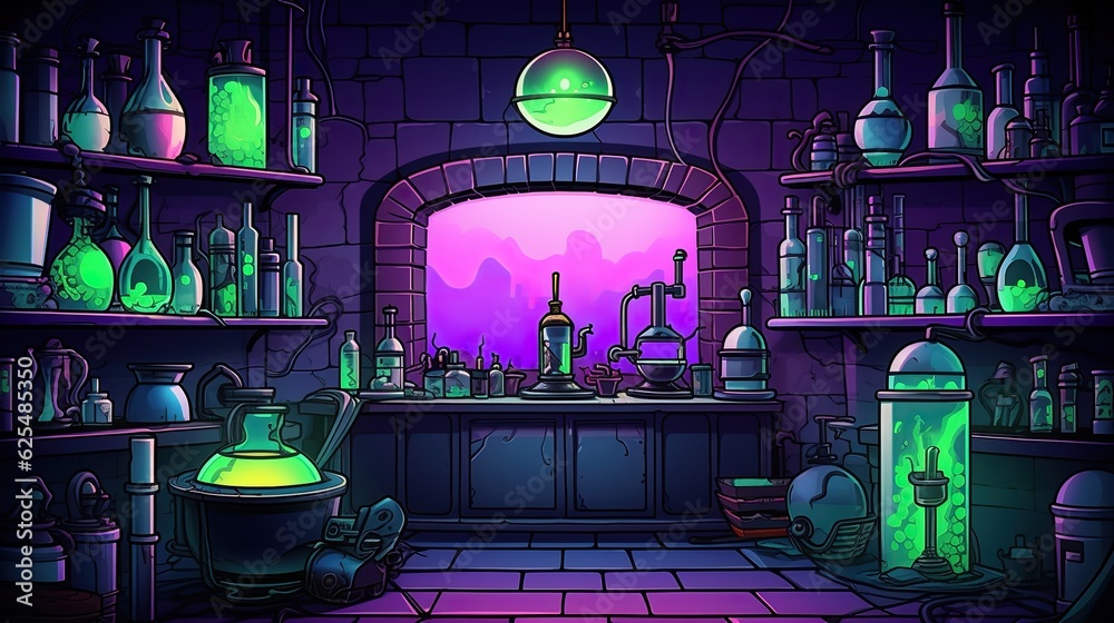 Witch or wizard alchemical laboratory with magic books and potions with ...