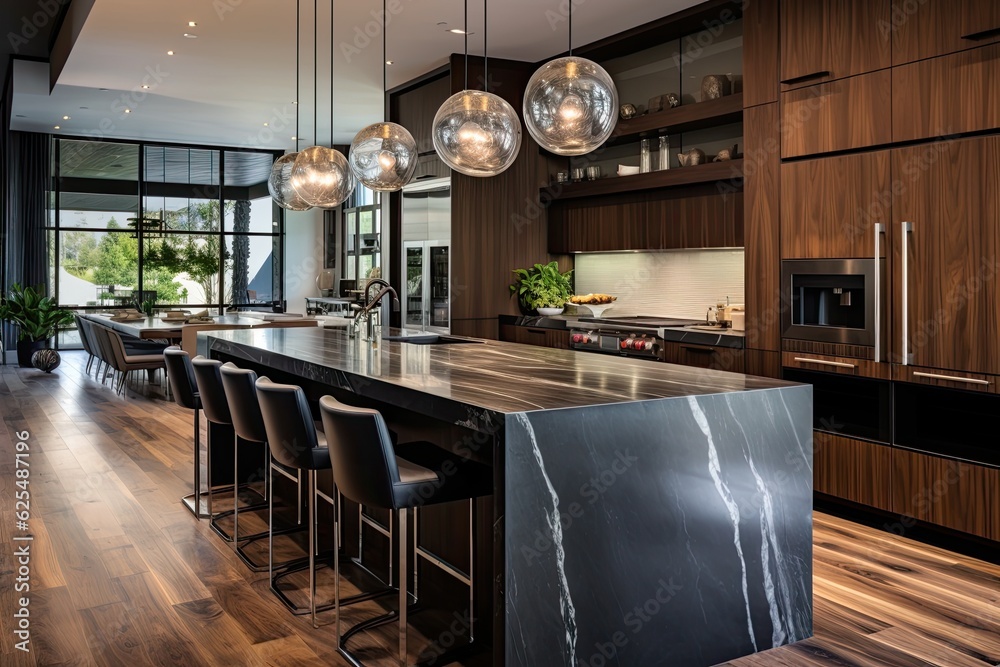 A stunning kitchen in a modern luxurious home with a waterfall island ...