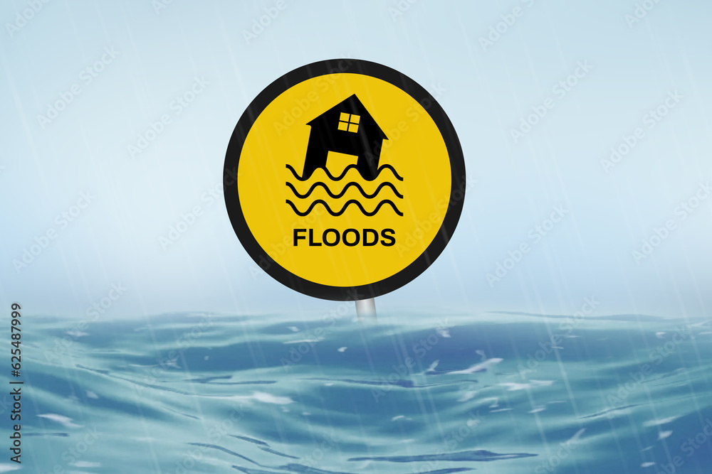 Floods signboard background with plenty of water and raining concept ...